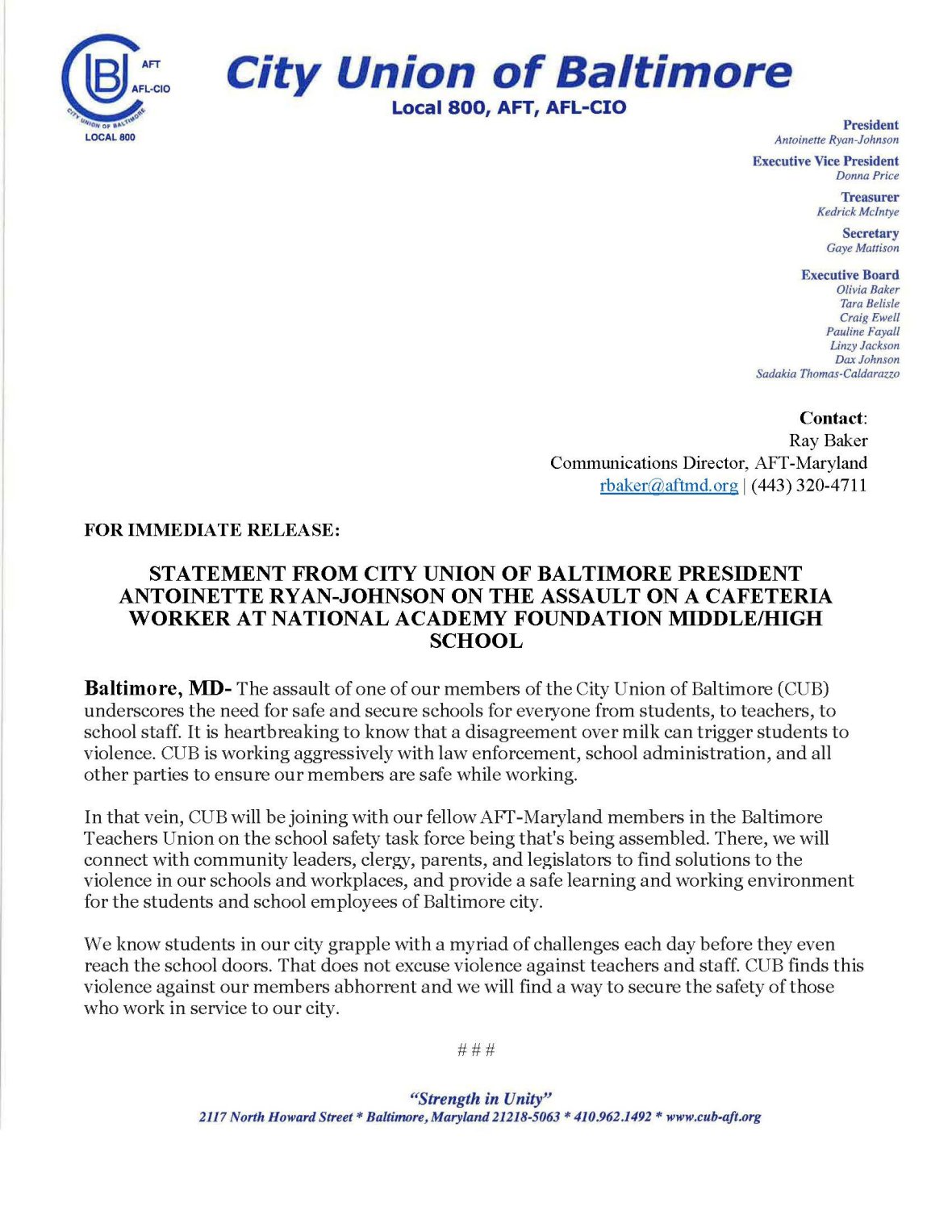 Statement from CUB President on Cafeteria Worker Assault | City Union ...