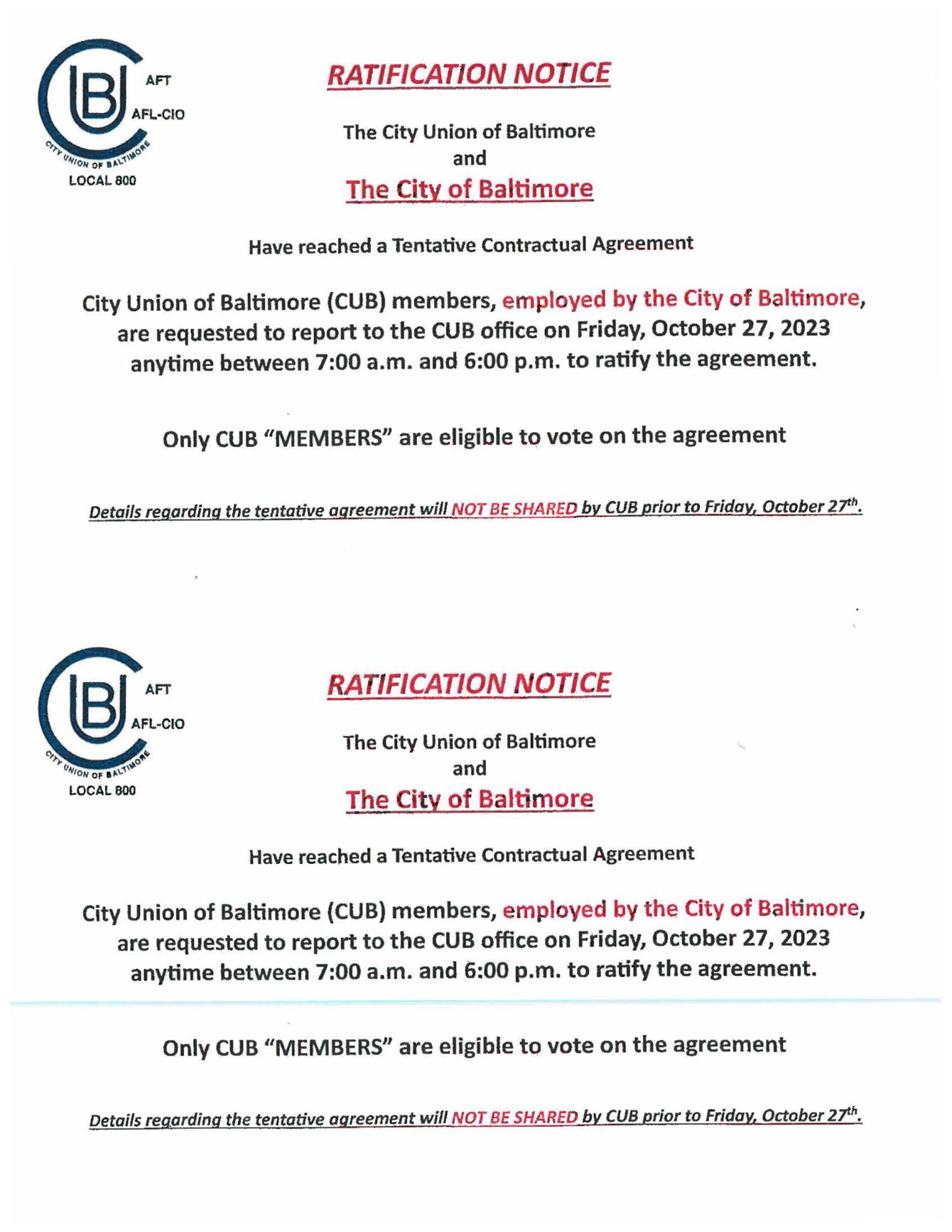 Ratification Notice for City Employees | City Union of Baltimore Local 800