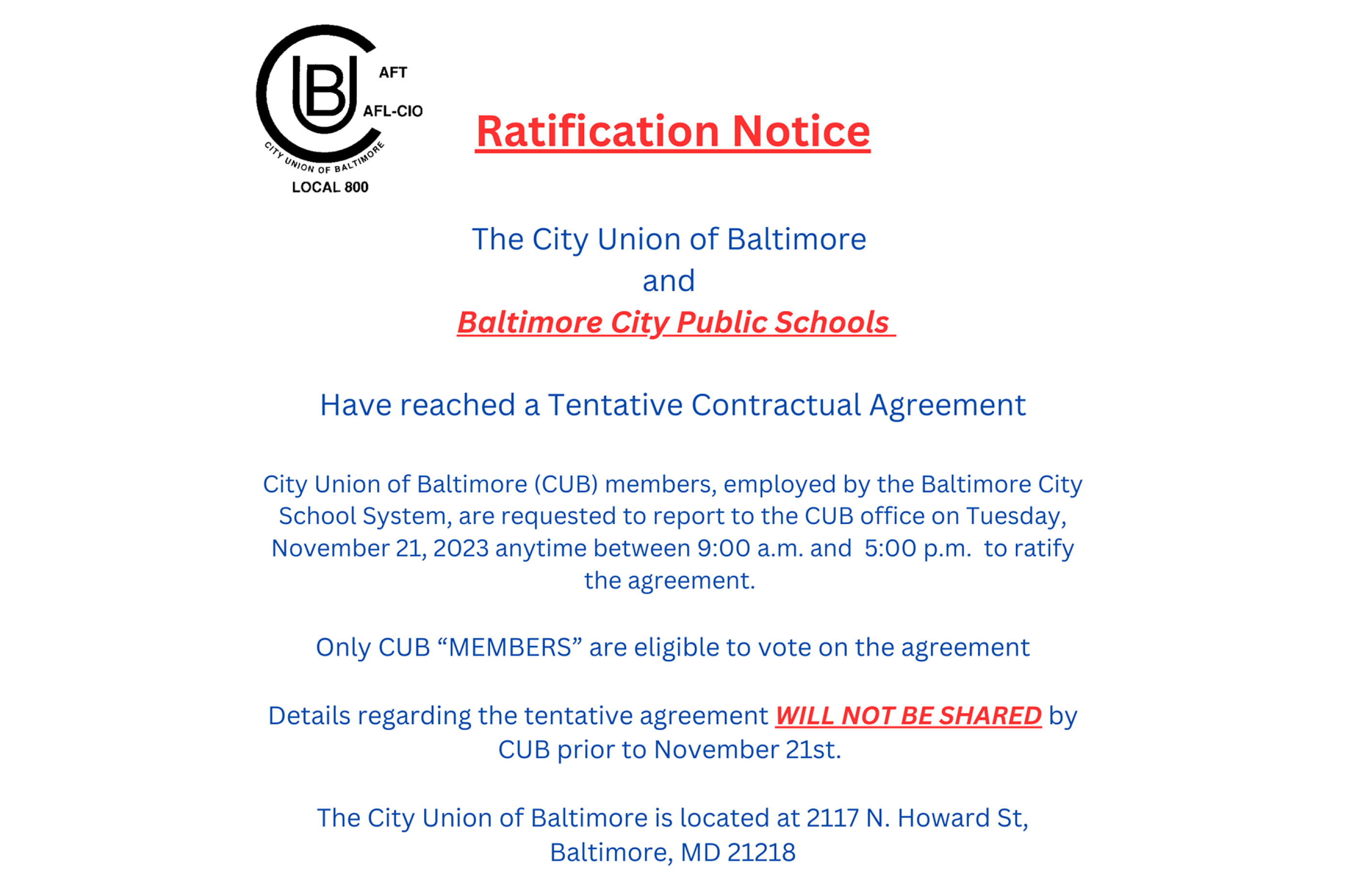 Ratification Notice for BCPSS Employees | City Union of Baltimore Local 800