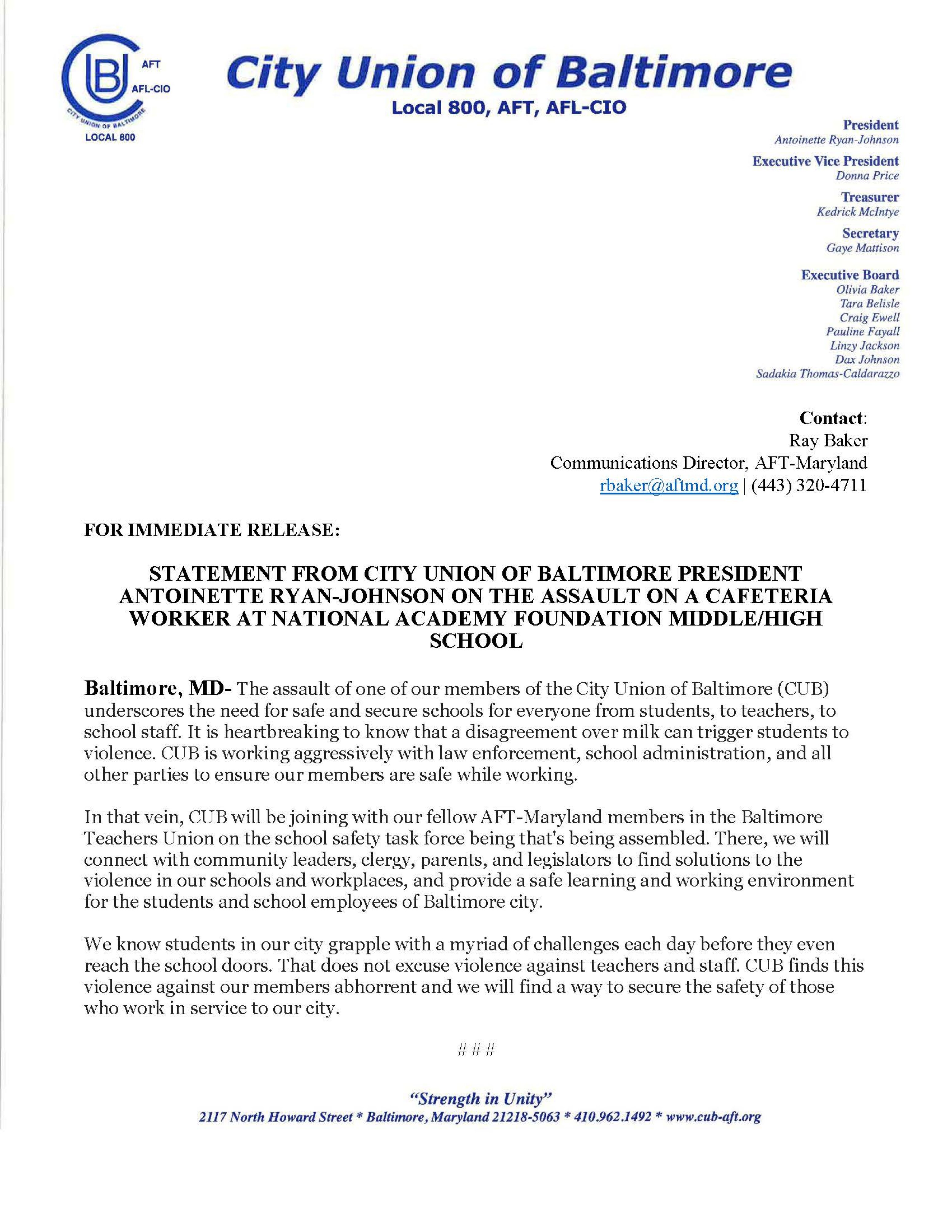 Statement from CUB President on Cafeteria Worker Assault | City Union ...