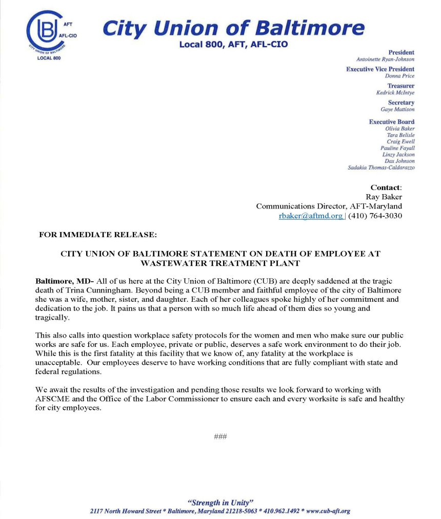 CUB Statement on the death of employee at wastewater treatment plant ...