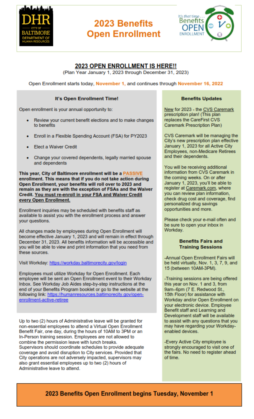 Open Enrollment for Baltimore city employees Nov 1 thru 16, 2022 | City ...