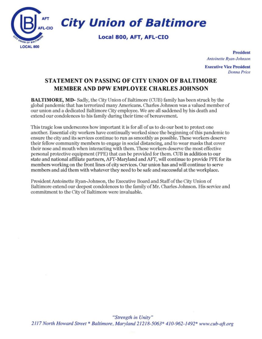 On the Passing of CUB Member Charles Johnson | City Union of Baltimore ...